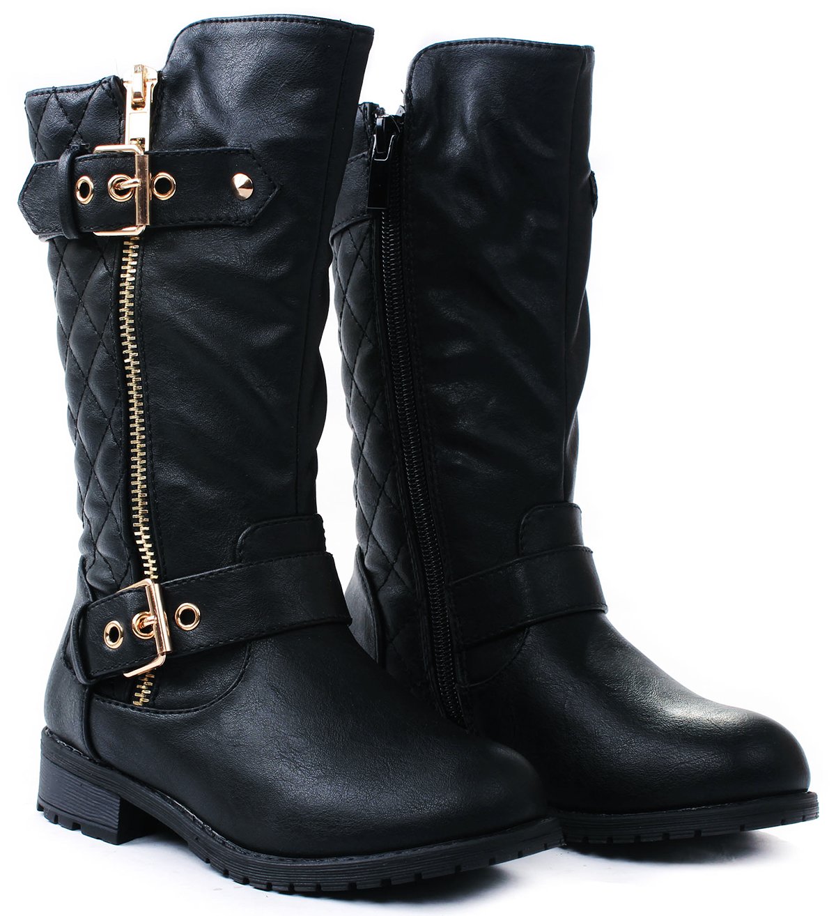 JJF Shoes Kids Girls Mango21 Black Dual Buckle/Zipper Quilted Mid Calf Motorcycle Boots-9