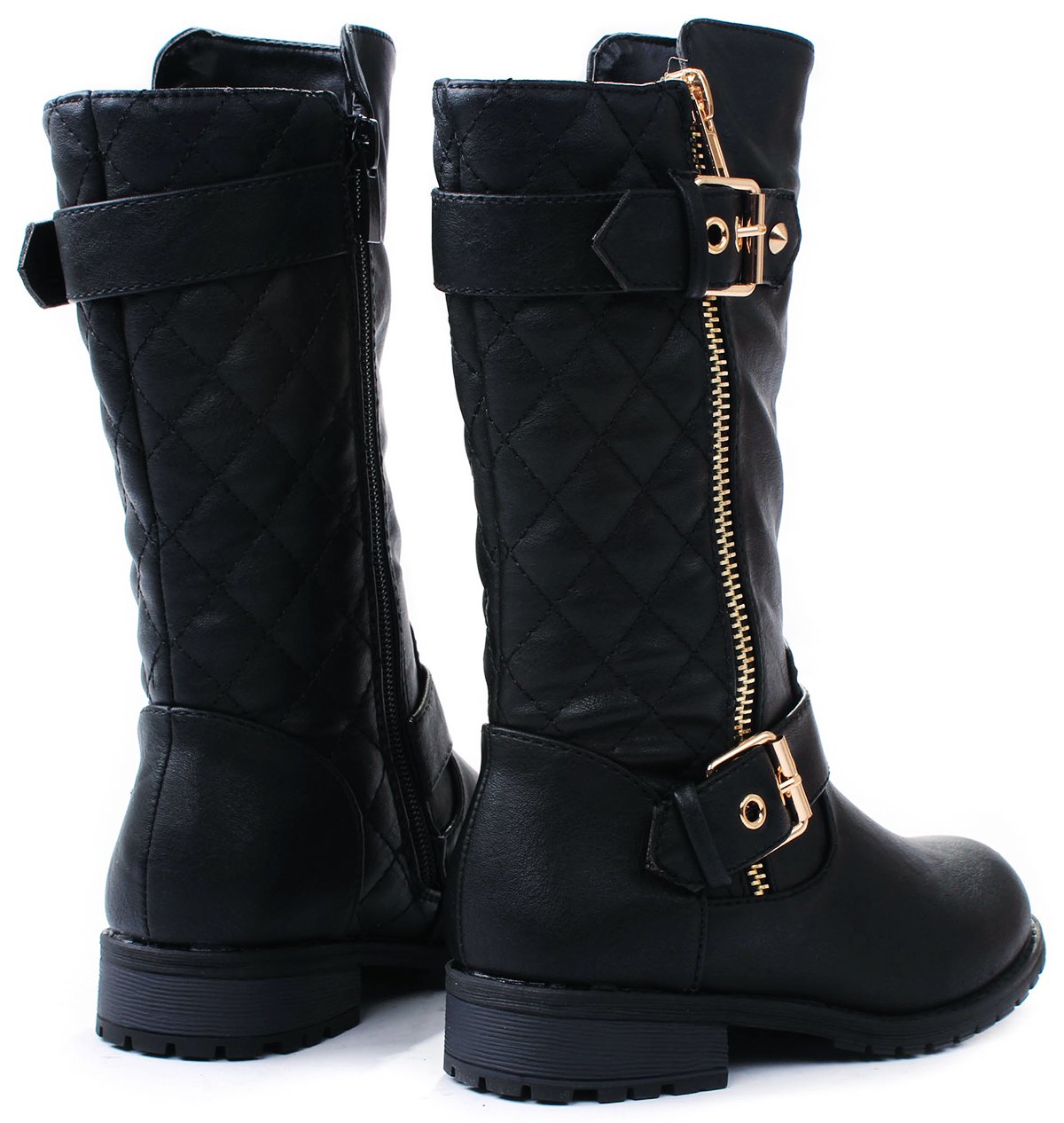 JJF Shoes Kids Girls Mango21 Black Dual Buckle/Zipper Quilted Mid Calf Motorcycle Boots-9