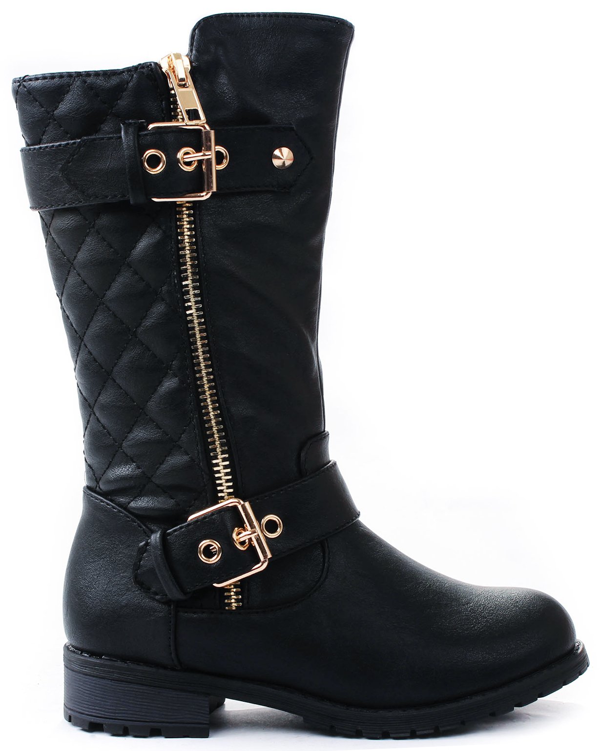 JJF Shoes Kids Girls Mango21 Black Dual Buckle/Zipper Quilted Mid Calf Motorcycle Boots-9