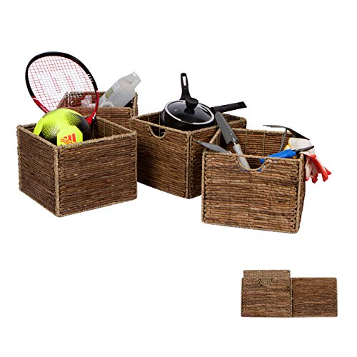 Trademark Innovations 12.7" Foldable Seagrass and Banana Leaf Storage Basket with Iron Wire Frame (Set of 4)