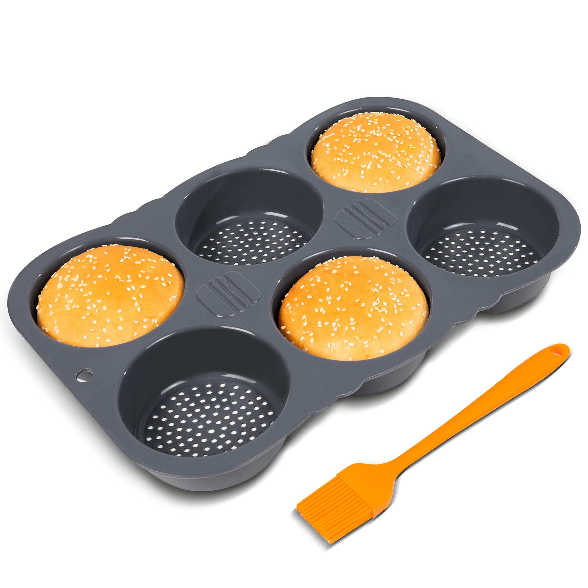 AKS Co Hamburger Bun Pan, Non-Stick Silicone - Oven-Safe, Vented 6-Cavity Baking Mold, Dishwasher Safe with Basting Brush