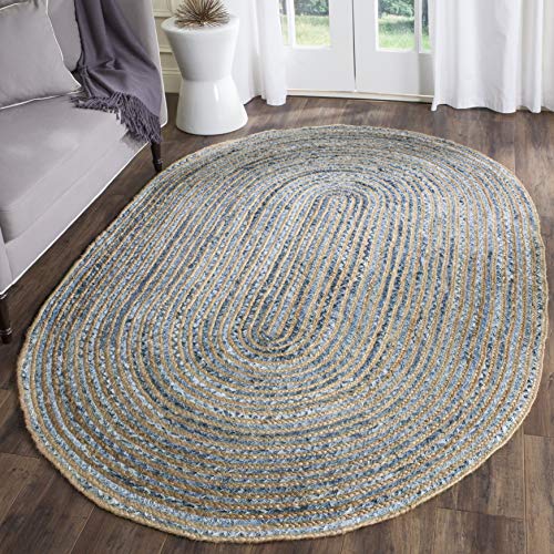 SAFAVIEH Cape Cod Collection 3' x 5' Oval Natural / Blue CAP250A Handmade Flatweave Jute Area Rug