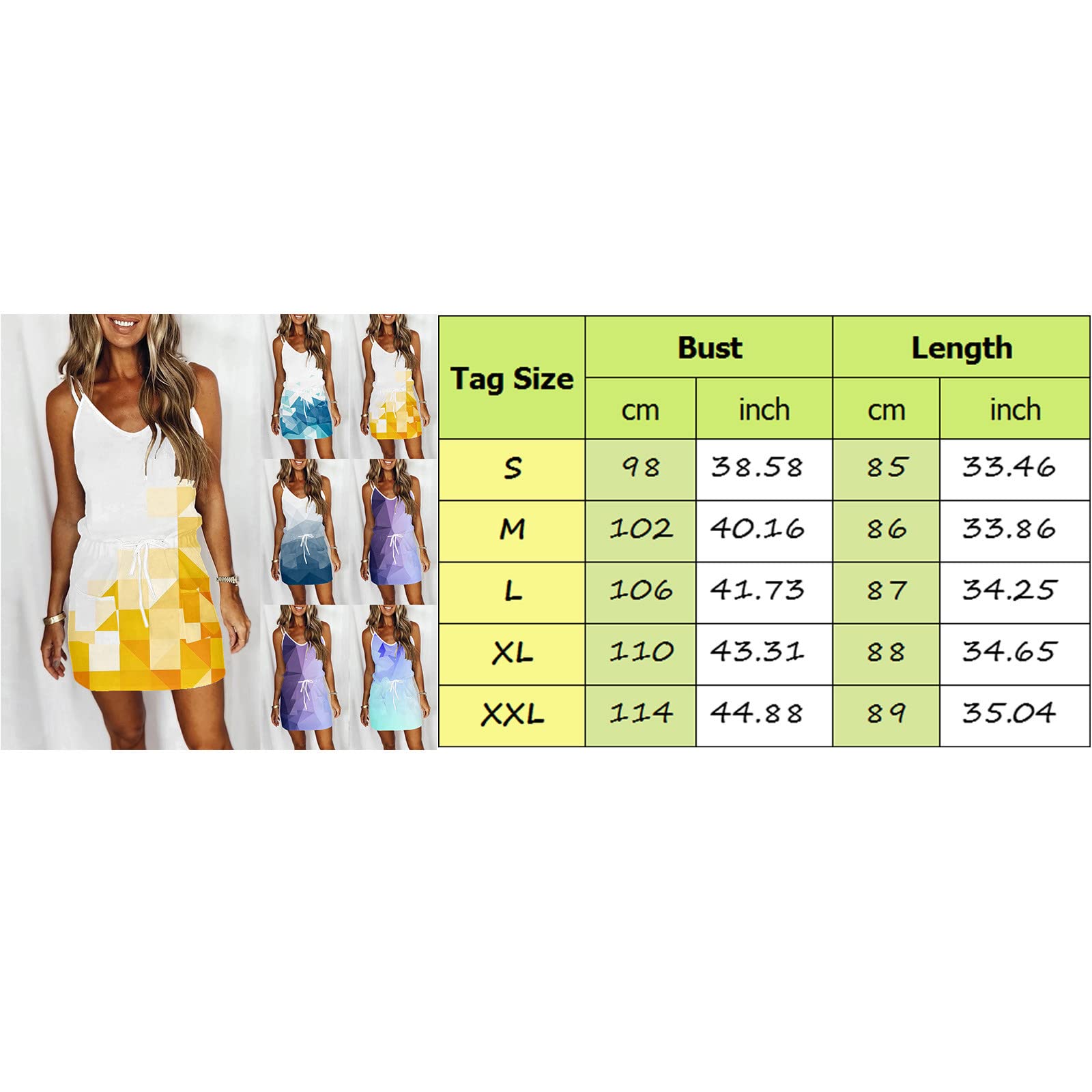 Dresses for Women 2023 Plus Size Women Summer Casual V Neck Strap Drawstring Waist Pocket Dress Geometric Pattern Casual Yellow