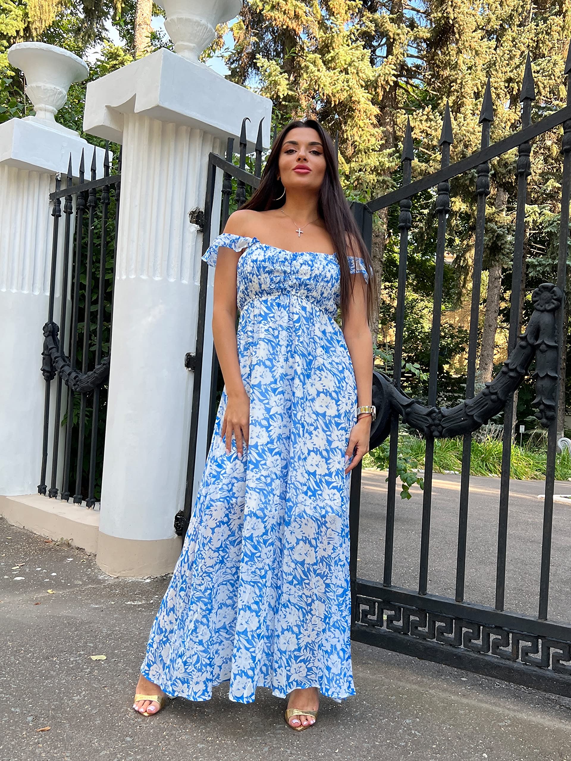 MERMAID'S CLOSET Womens Straps Blue Floral Print Smocked Maxi Dress Boho Casual Chiffon Flowy Beach Long Dresses