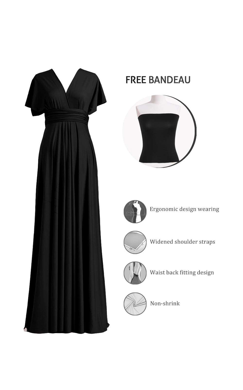 Women's Elegant Formal Bridesmaid Evening Gown Sleeveless Ruched Party Cocktail Maxi Long Infinity Dress with Bandeau Black