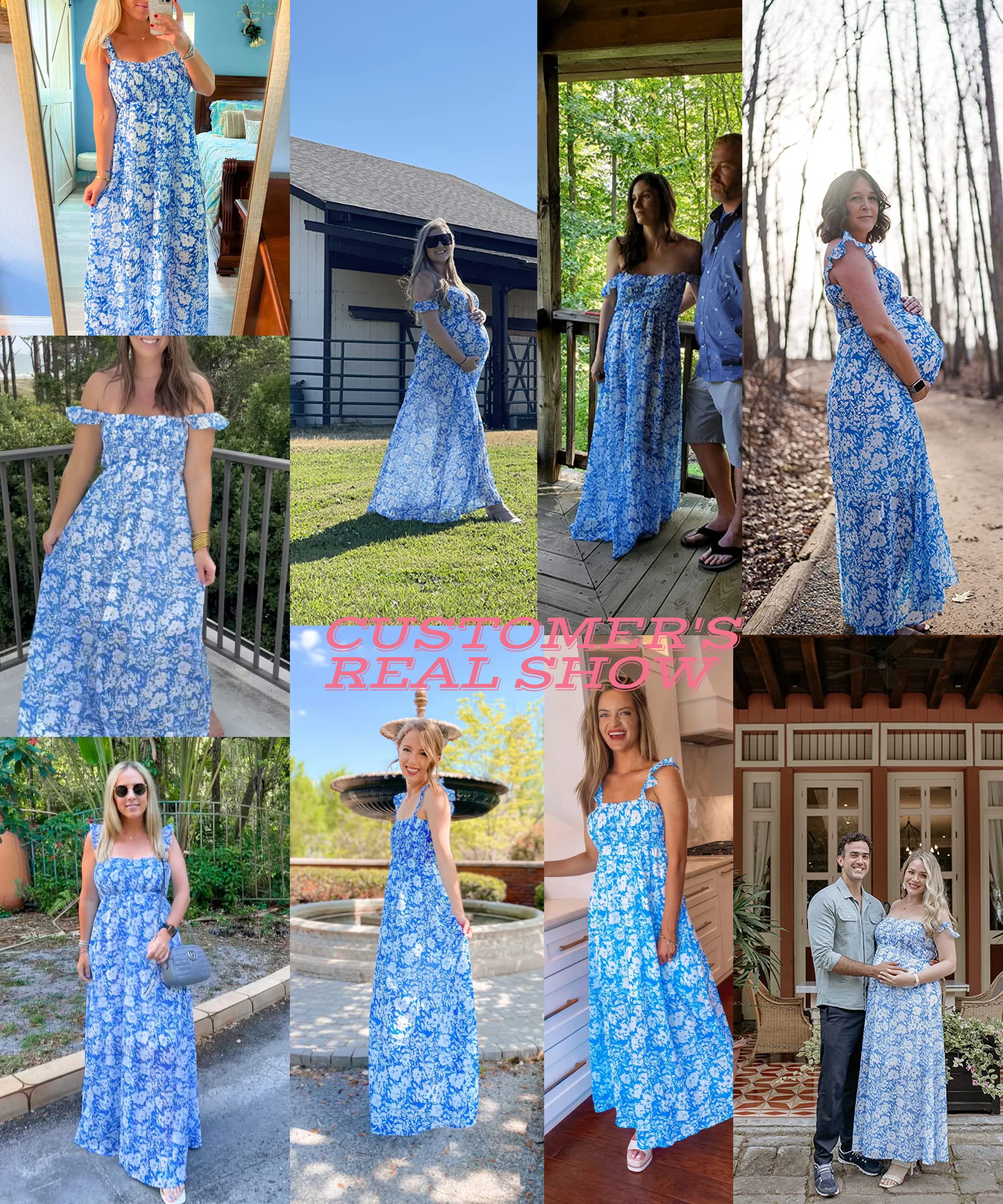 MERMAID'S CLOSET Womens Straps Blue Floral Print Smocked Maxi Dress Boho Casual Chiffon Flowy Beach Long Dresses
