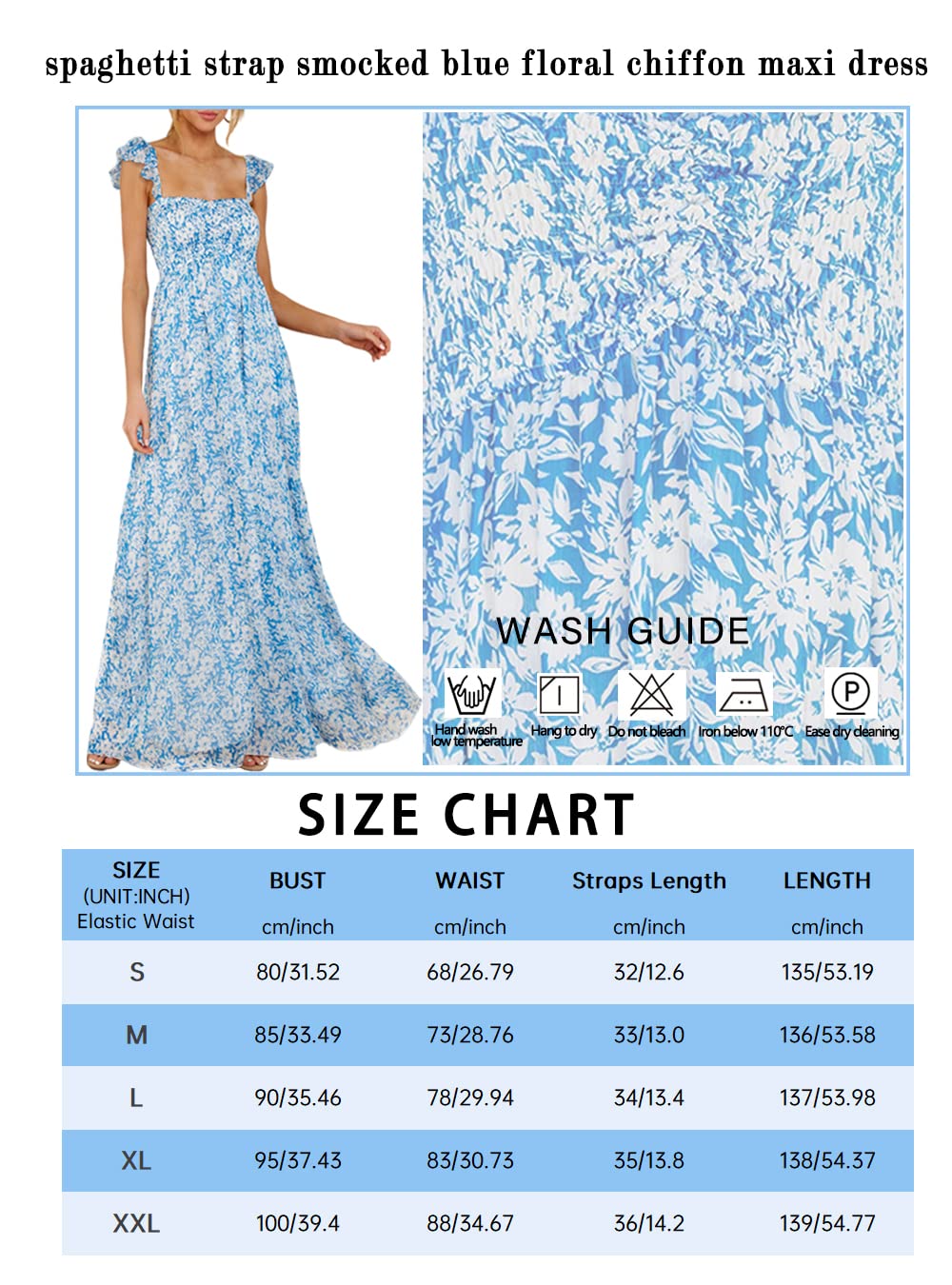 MERMAID'S CLOSET Womens Straps Blue Floral Print Smocked Maxi Dress Boho Casual Chiffon Flowy Beach Long Dresses
