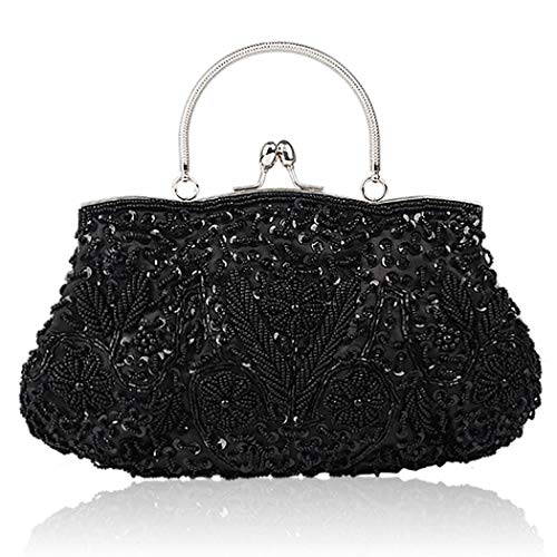 Women Vintage Beaded Evening Clutch Vintage Design Sequin Floral Top-handle Handbag Party Wedding Purse Wallet (Black)
