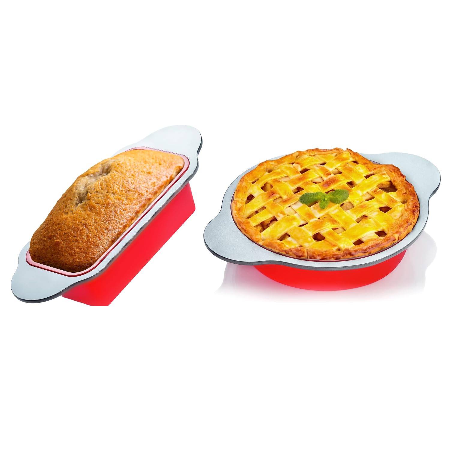 Boxiki Kitchen Silicone Baking Duo: 9x5 Inch Bread Loaf Pan & 9 Inch Round Cake Pan - Non-Stick, Easy Release with Steel Frame Handles.
