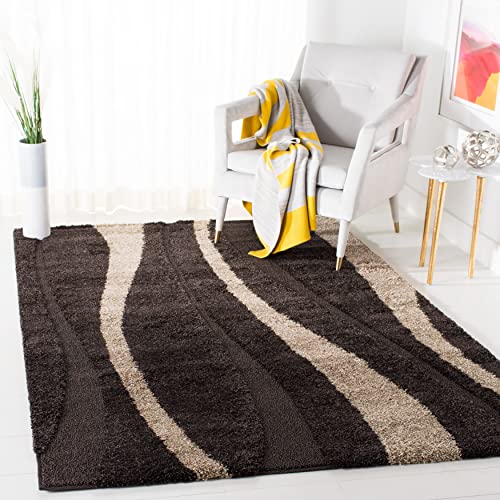 SAFAVIEH Florida Shag Collection 4' x 6' Dark Brown / Beige SG451 Abstract Stripe Non-Shedding Living Room Bedroom Dining Room Entryway Plush 1.2-inch Thick Area Rug