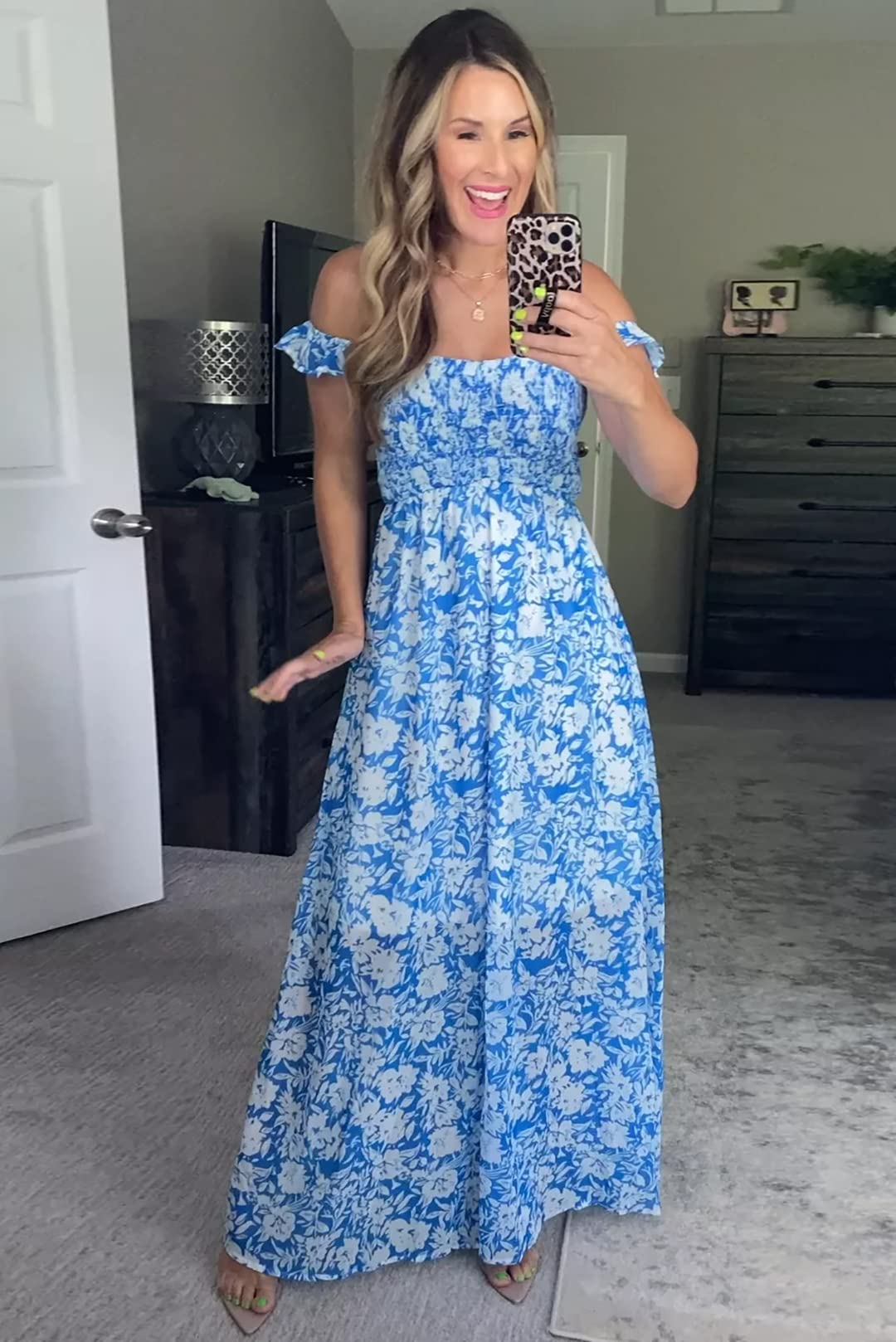 MERMAID'S CLOSET Womens Straps Blue Floral Print Smocked Maxi Dress Boho Casual Chiffon Flowy Beach Long Dresses