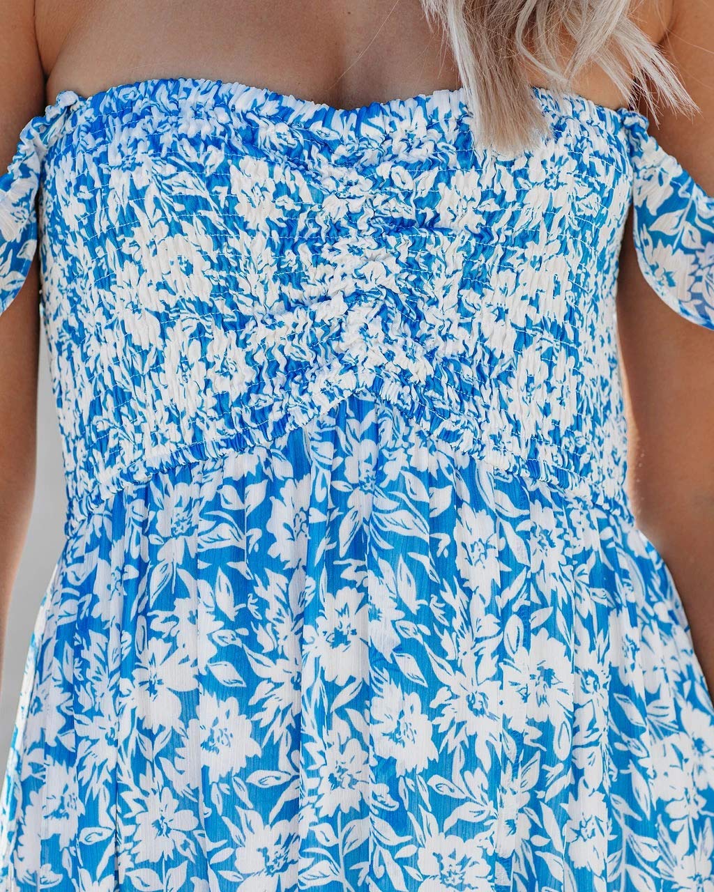 MERMAID'S CLOSET Womens Straps Blue Floral Print Smocked Maxi Dress Boho Casual Chiffon Flowy Beach Long Dresses