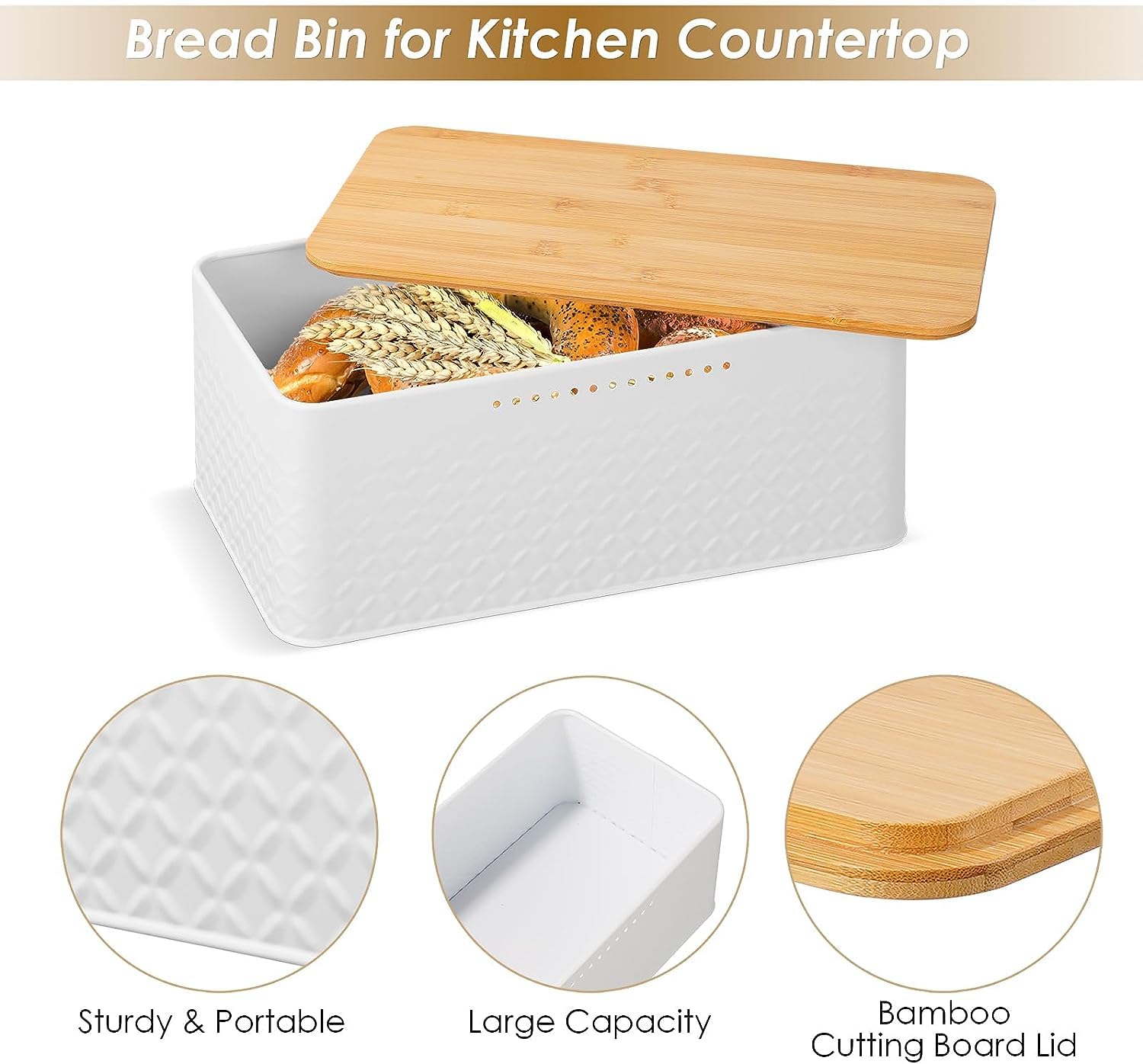Widousy Bread Bin with Bamboo Lid, White Bread storage box β Bread Holder Bin for Kitchen Countertop Storage Organizer (White)