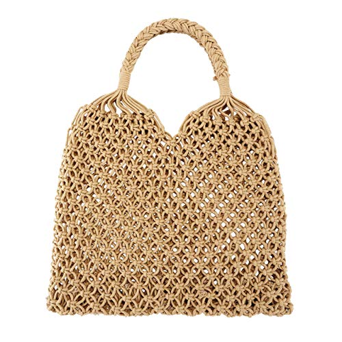 Ayliss Handmade Straw Bag Travel Beach Fishing Net Handbag Shopping Woven Shoulder Bag for Women(Khaki)