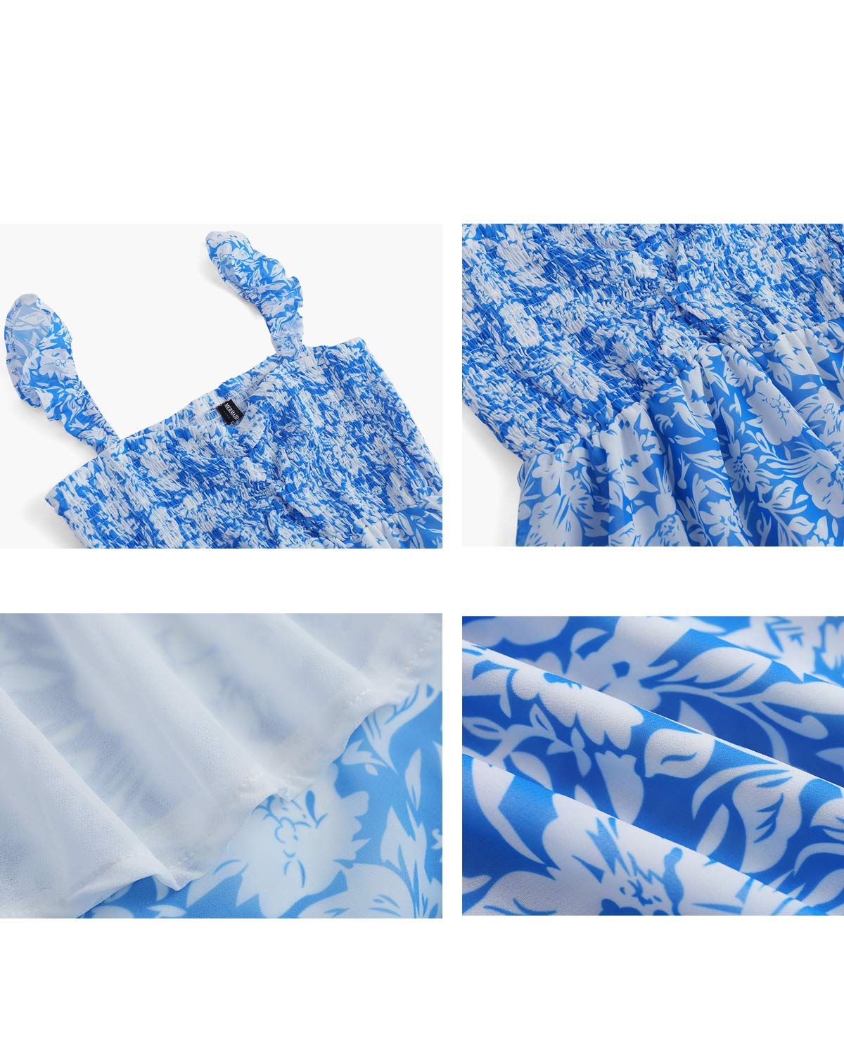 MERMAID'S CLOSET Womens Straps Blue Floral Print Smocked Maxi Dress Boho Casual Chiffon Flowy Beach Long Dresses