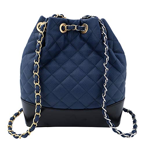 Womens Small Quilted Vegan Leather Hobo Backpack Satchel Fashion Casual Travel Shoulder Bags Crossbody Purse Daypacks Mini Bucket Bag (Navy)