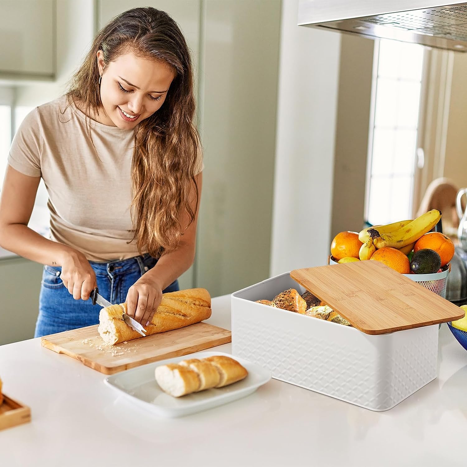 Widousy Bread Bin with Bamboo Lid, White Bread storage box β Bread Holder Bin for Kitchen Countertop Storage Organizer (White)