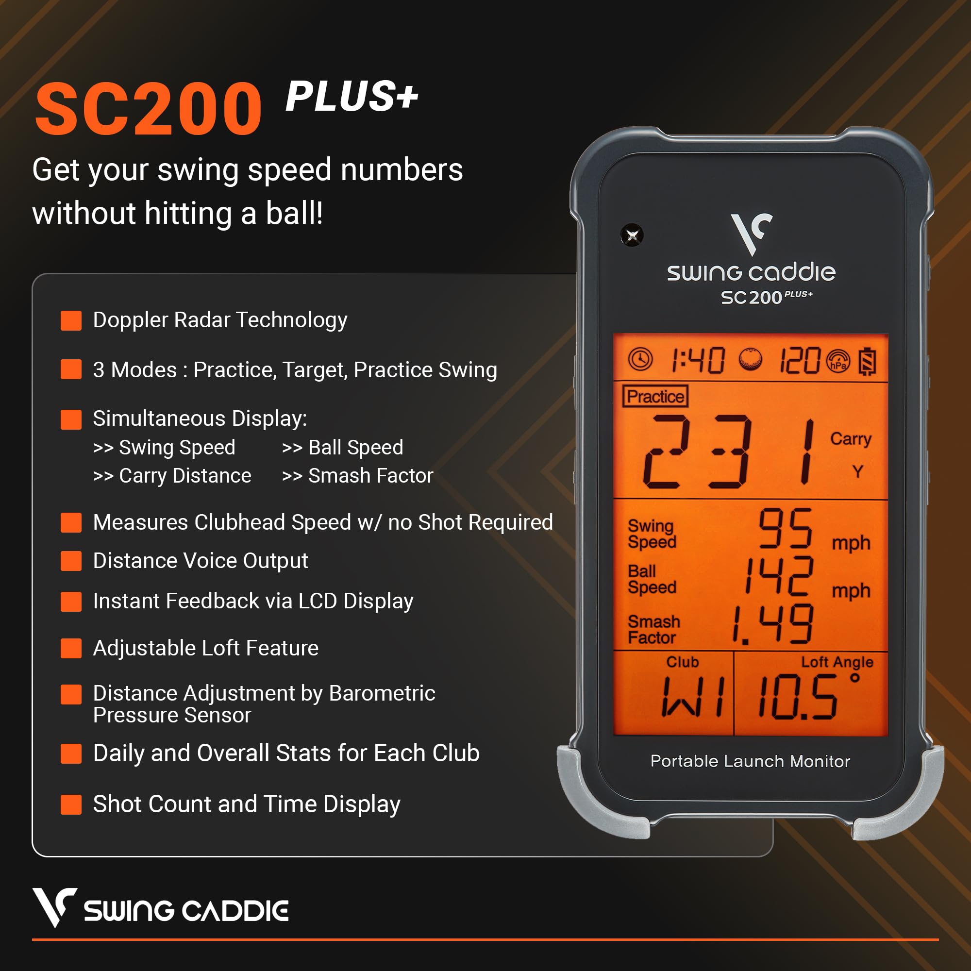 Voice Caddie SC200Plus Portable Golf Launch Monitor and Swing Analyzer with Real-Time Shot Data Tracking - 12-Hour Battery Life