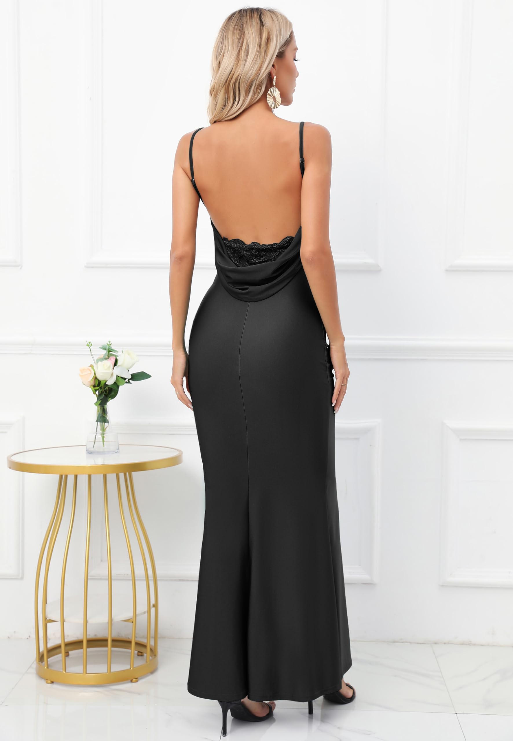 Capuffy Women Drape Neck Formal Maxi Dresses Lace Backless Cocktail Party Dress Spaghetti Straps Mermaid Evening Gown 221(Black,M)