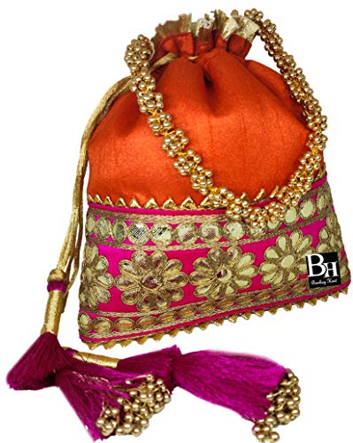 Bombay Haat Ethnic Indian Designer Silk Potli Bag Purse Evening Bag Clutch Purse for Wedding Party Cocktail Prom Gifting (Orange)