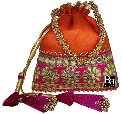 Bombay Haat Ethnic Indian Designer Silk Potli Bag Purse Evening Bag Clutch Purse for Wedding Party Cocktail Prom Gifting (Orange)