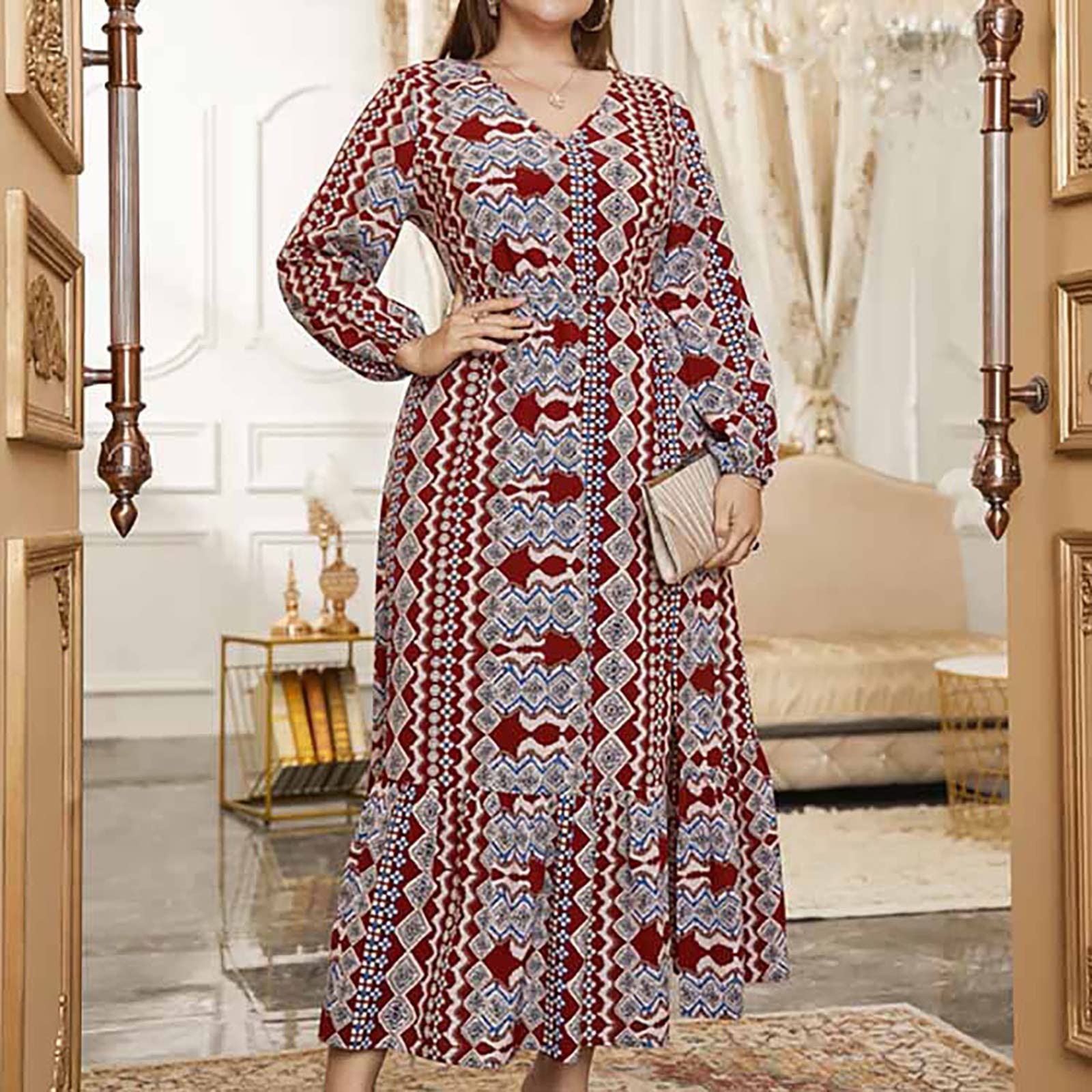 Dresses for Women Plus Size Women's Summer Casual V Neck Geometric Print Long Sleeved Loose Elastic Waist Dress Long Red