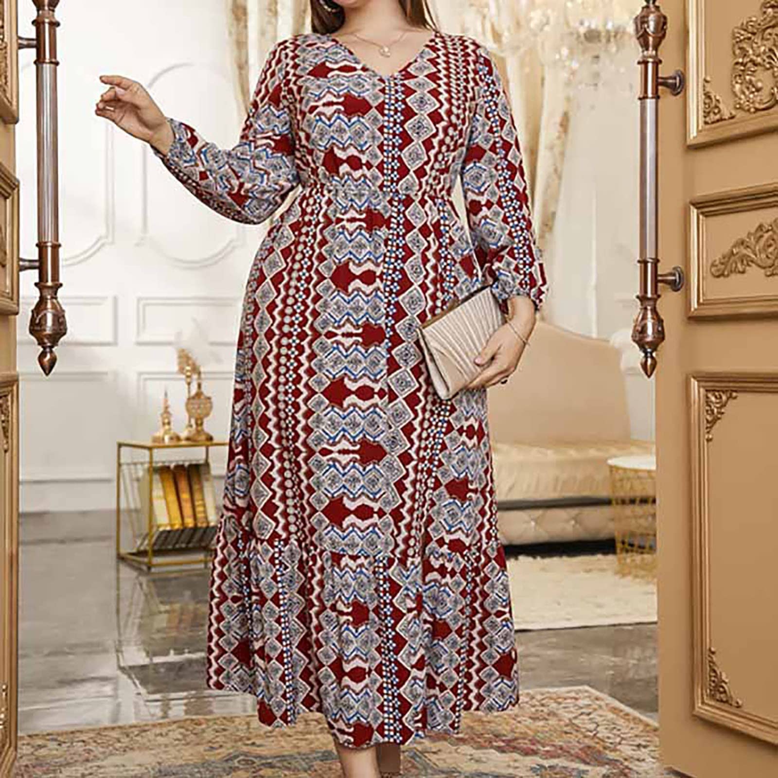 Dresses for Women Plus Size Women's Summer Casual V Neck Geometric Print Long Sleeved Loose Elastic Waist Dress Long Red