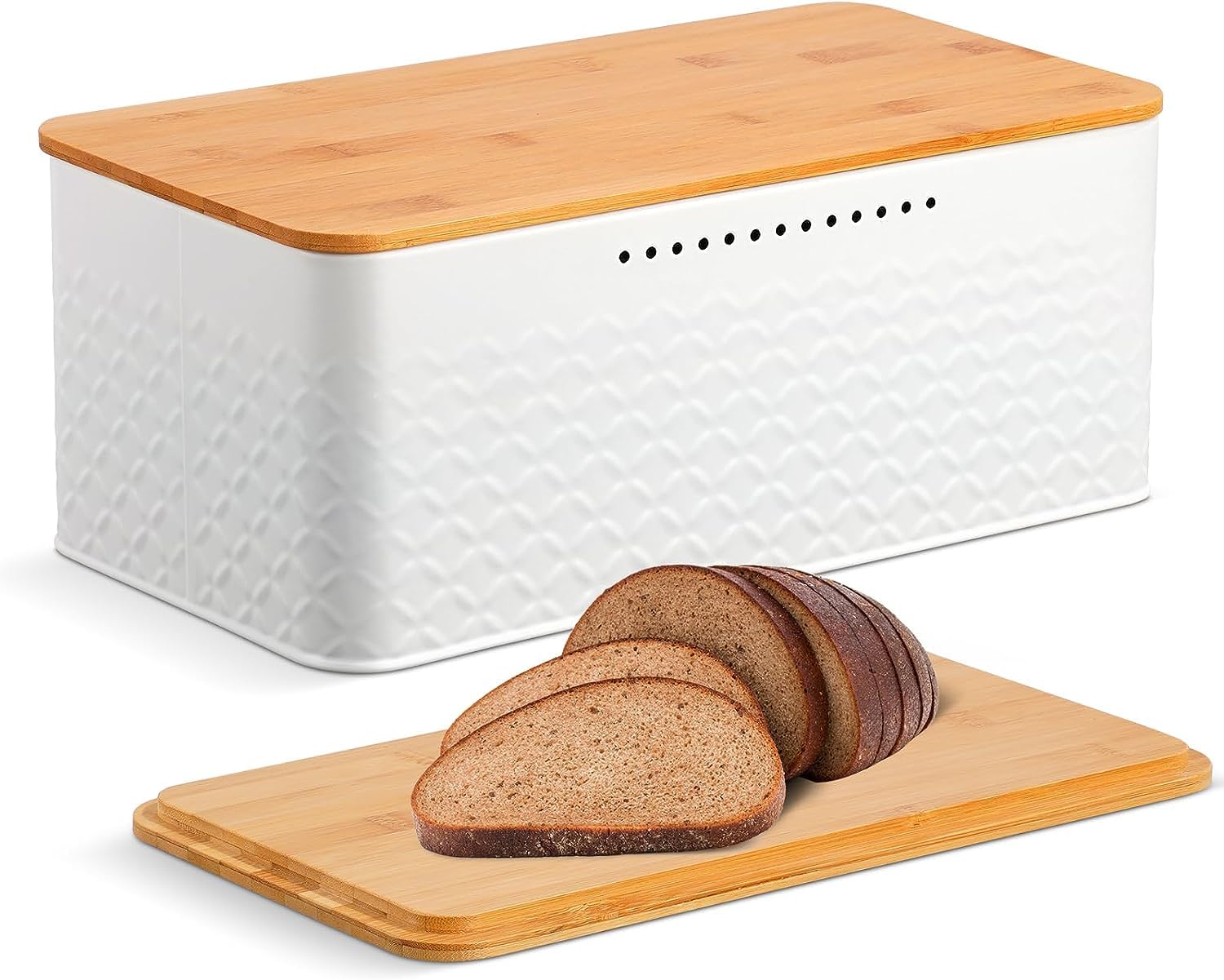 Widousy Bread Bin with Bamboo Lid, White Bread storage box – Bread Holder Bin for Kitchen Countertop Storage Organizer (White)