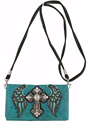 Western Rhinestone Cross Laser Cut Wings Tote Concealed Carry Purse Handbag Women Shoulder Bag Wallet Set (Turquoise Set)