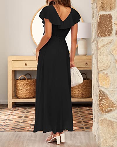 BTFBM Women's Summer Chiffon Maxi Dresses Deep V Neck Ruffle Short Sleeve Beach Party Cocktail Flowy Wrap Dress with Belt(Solid Black, Medium)