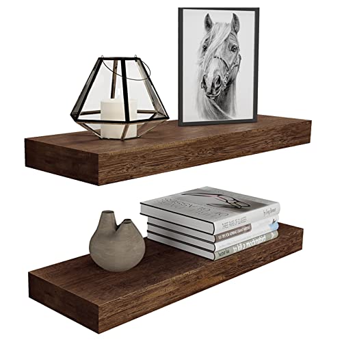 BAMFOX Floating Wall Shelf Set of 2,Natural Bamboo Wall Decor Storage Shelfļ¼Wall Mount Display Rack for Bedroom, Living Room, Bathroom, Kitchen, Office and More