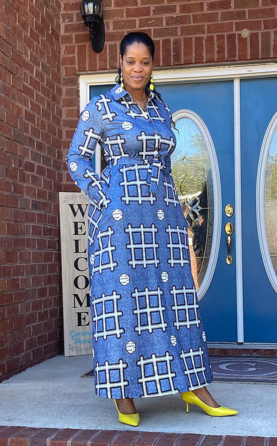 MsavigVice Maxi Dresses for Women Floral Print Casual Long Sleeve Button Down Loose Party Maxi Dress with Belt
