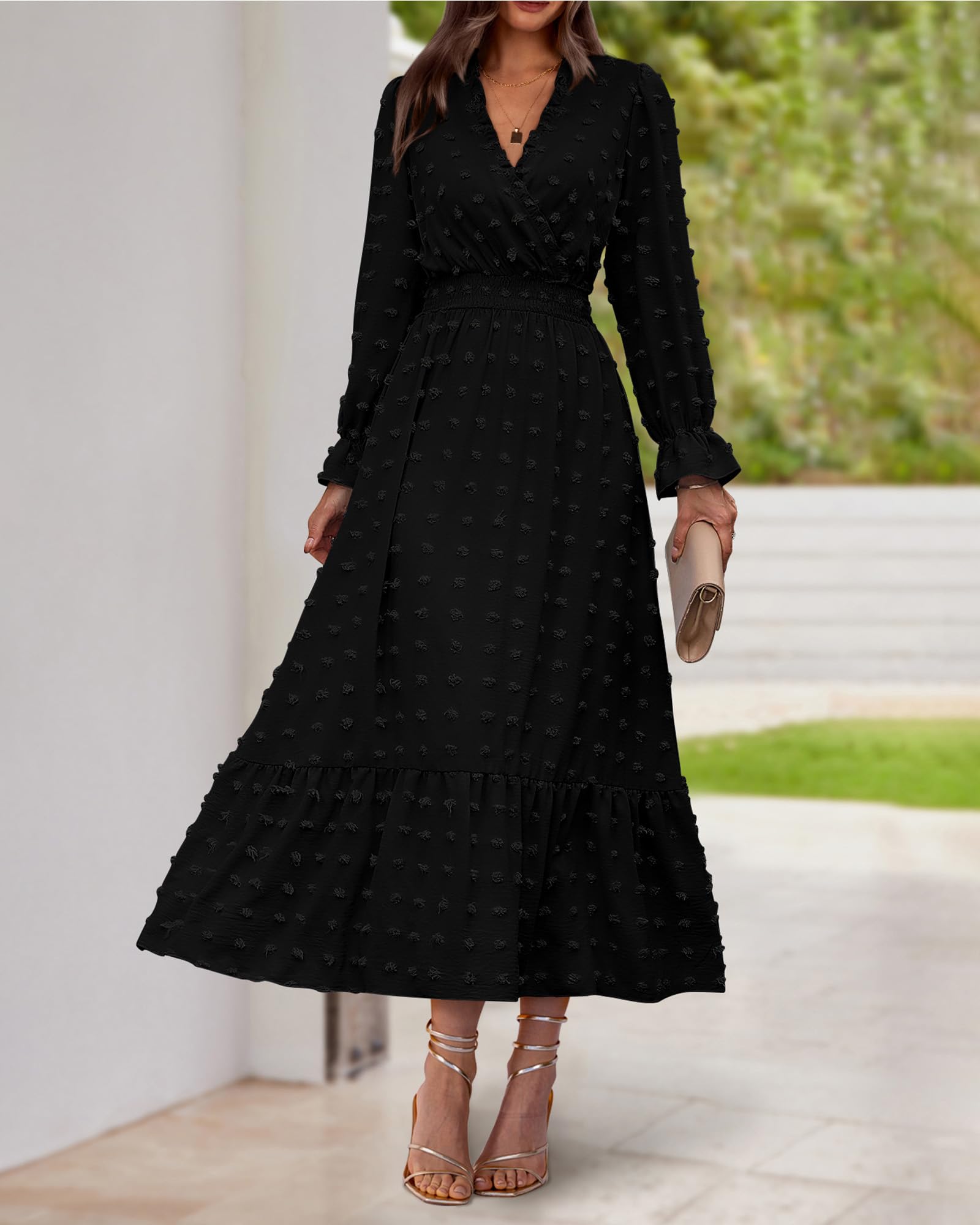 BTFBM Women Fall Dresses 2025 Long Sleeve V Neck Swiss Dots Maxi Dress Boho Long Dress High Waisted A-Line Ruffle Dress(Solid Black,Large)