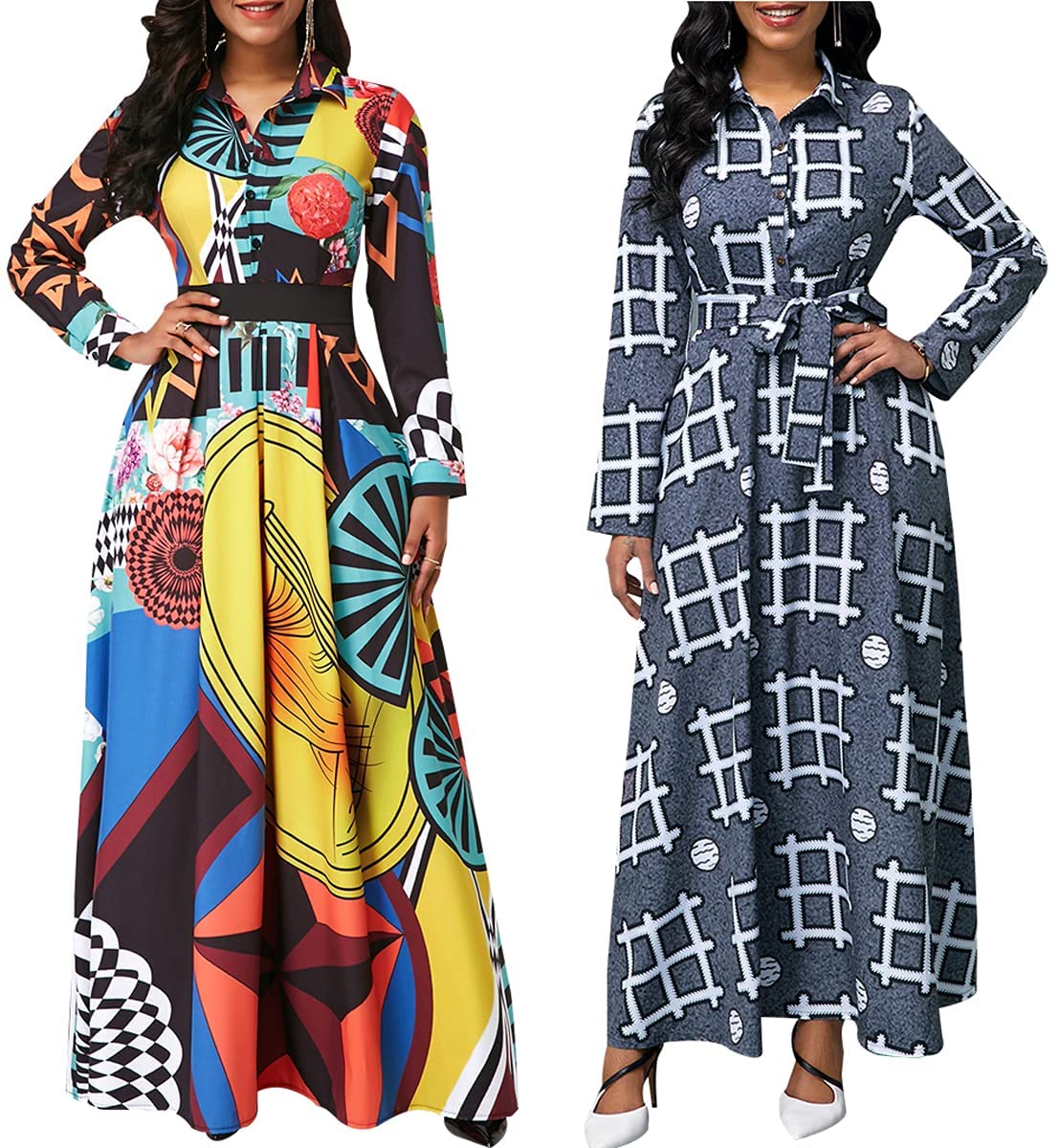 MsavigVice Maxi Dresses for Women Floral Print Casual Long Sleeve Button Down Loose Party Maxi Dress with Belt