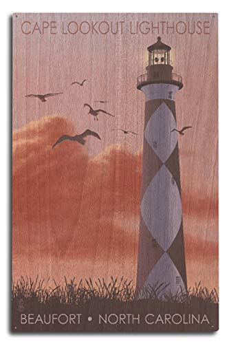 Beaufort, North Carolina, Cape Lookout Lighthouse and Sunrise Birch Wood Wall Sign (10x15 Rustic Home Decor, Ready to Hang Art)