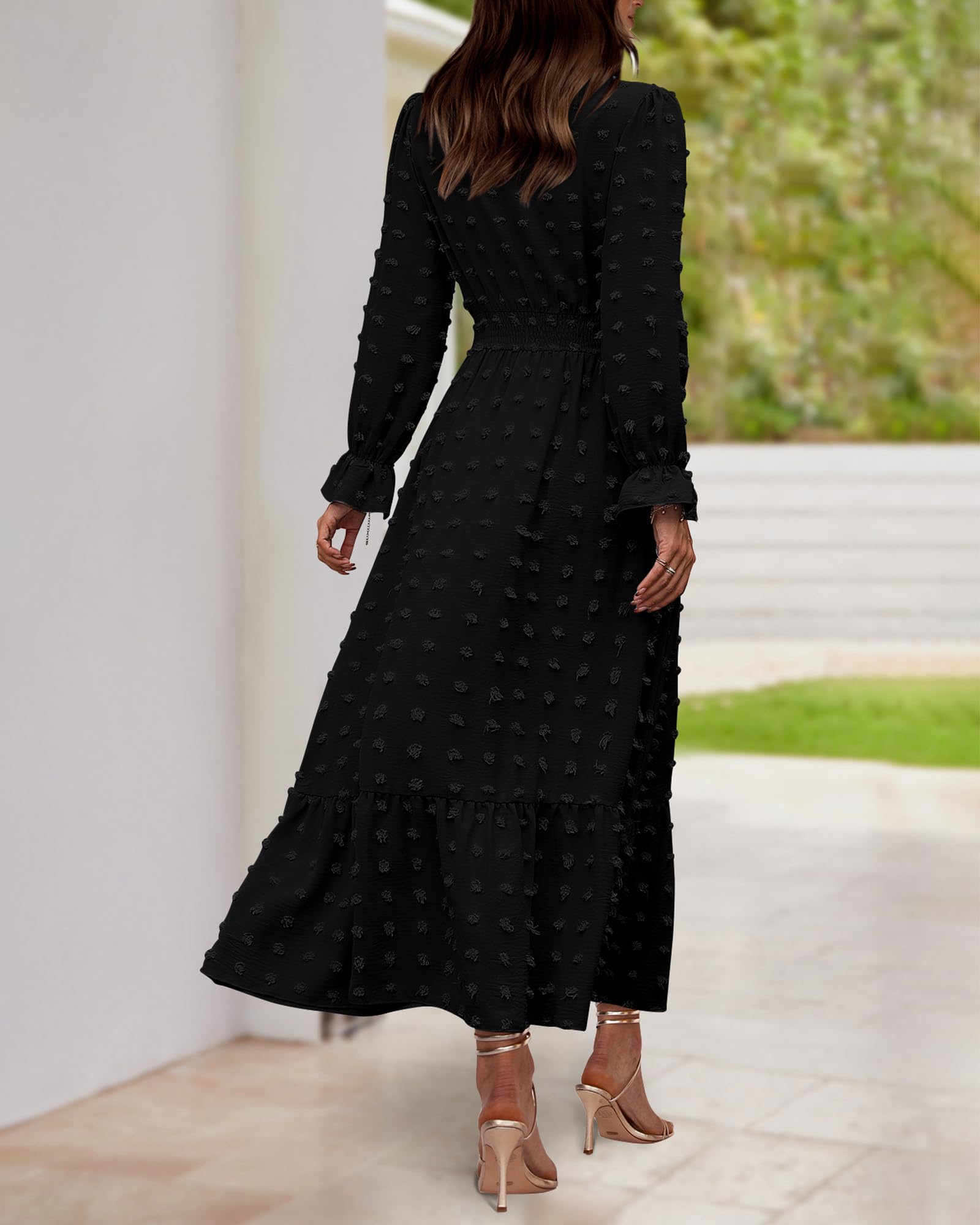 BTFBM Women Fall Dresses 2025 Long Sleeve V Neck Swiss Dots Maxi Dress Boho Long Dress High Waisted A-Line Ruffle Dress(Solid Black,Large)