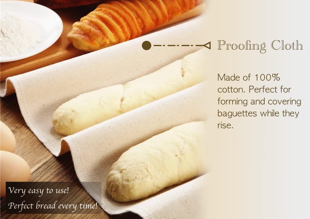 Perforated French Baguette Pan for Baking 15"x13" - 4 Wave Loaves Bread Baking Pan Set with Proofing Cloth, Bread Lame Cutter and Dough Scraper - Nonstick Baguette Bread Making Tools and Supplies