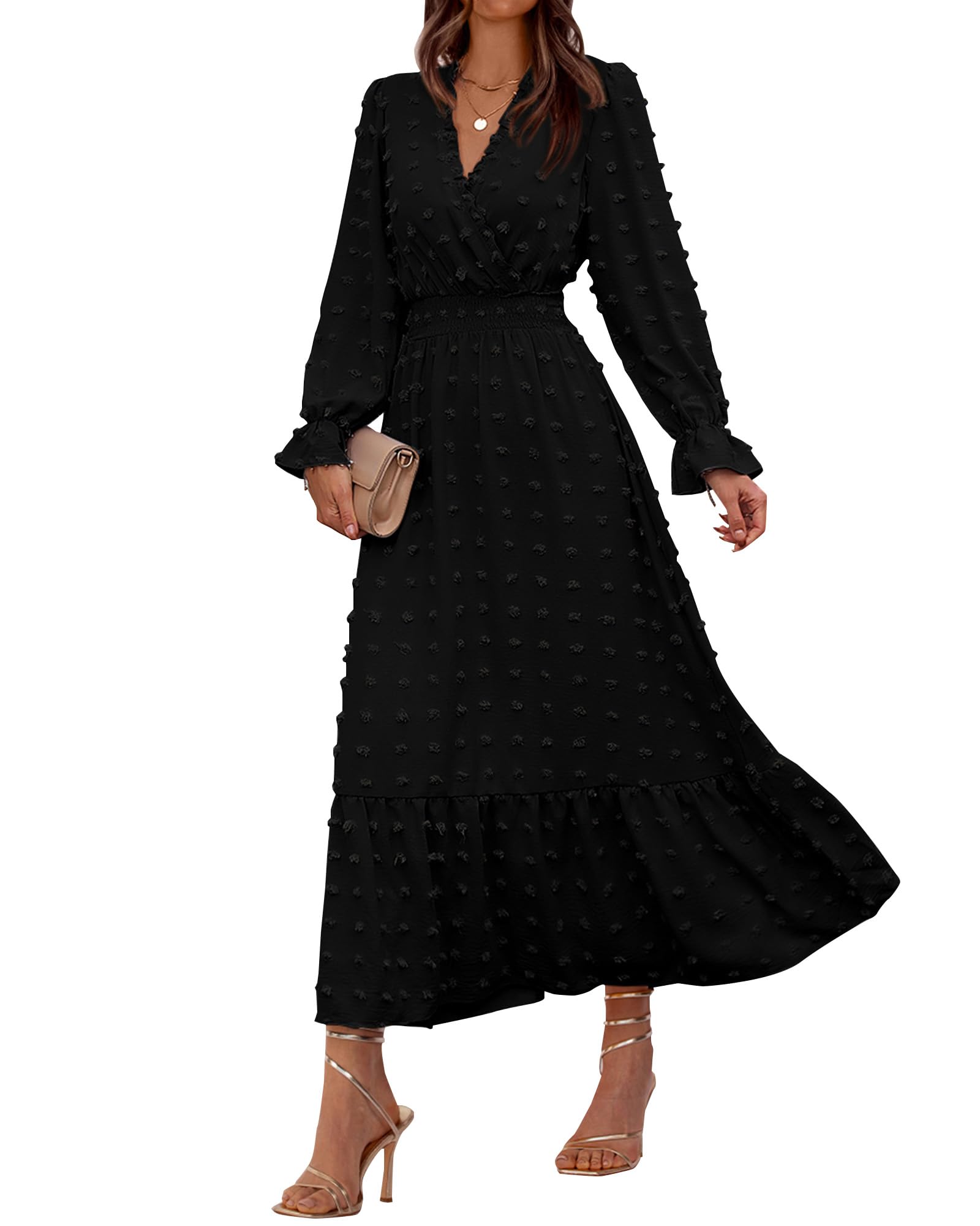 BTFBM Women Fall Dresses 2025 Long Sleeve V Neck Swiss Dots Maxi Dress Boho Long Dress High Waisted A-Line Ruffle Dress(Solid Black,Large)