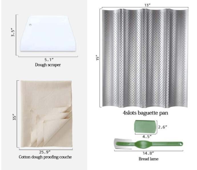 Perforated French Baguette Pan for Baking 15"x13" - 4 Wave Loaves Bread Baking Pan Set with Proofing Cloth, Bread Lame Cutter and Dough Scraper - Nonstick Baguette Bread Making Tools and Supplies