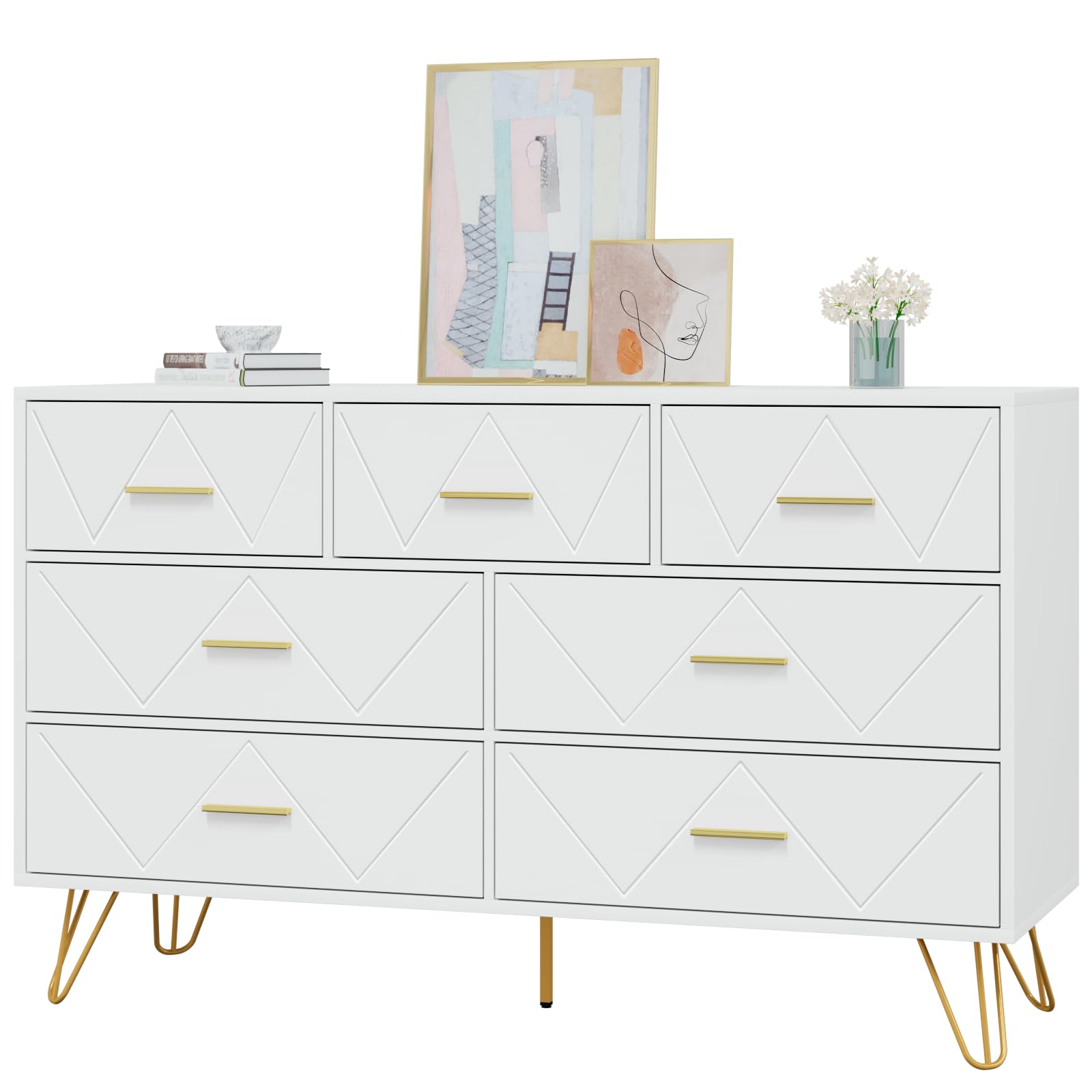 CARPETNAL White Dresser for Bedroom, 7 Drawer Dresser with Wide Drawers and Metal Handles, Wood Dressers & Chests of Drawers for Hallway, entryway.