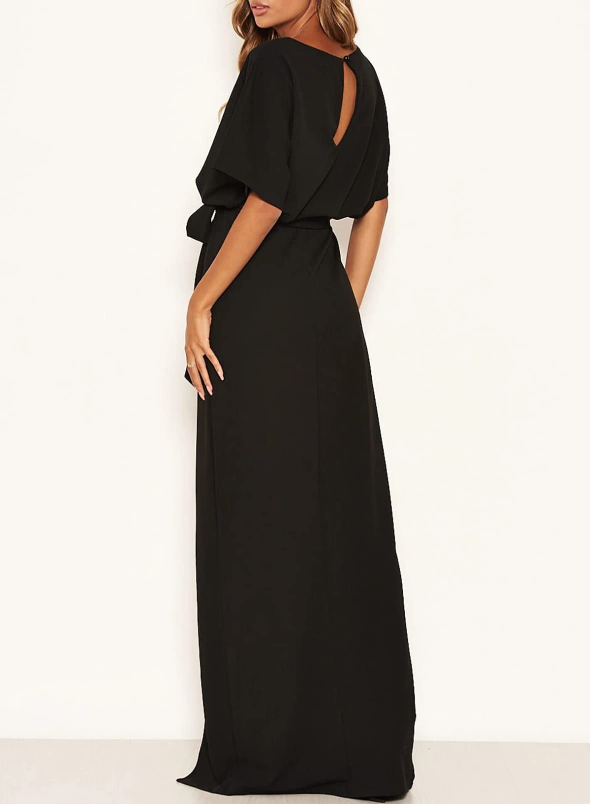 Happy Sailed Womens Batwing Sleeve Tie Waist Long Maxi Dress Side Split Formal Party Dresses Evening Gown Black Medium