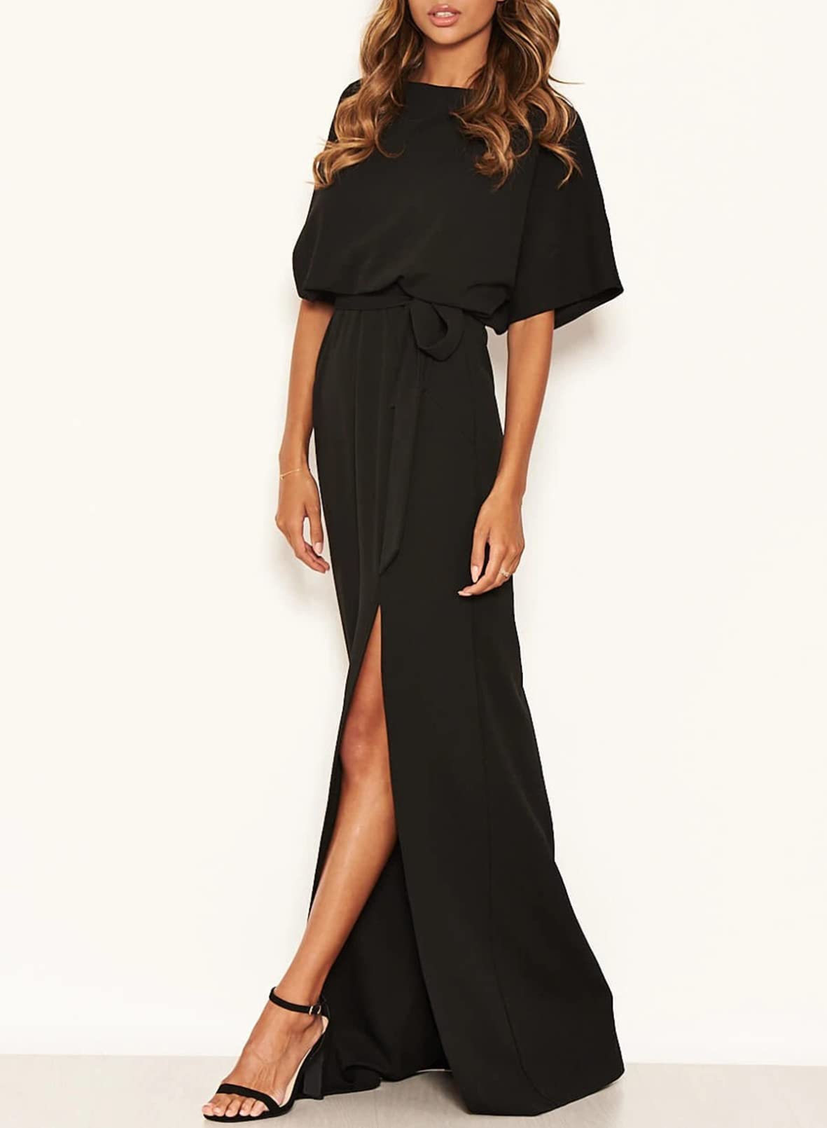 Happy Sailed Womens Batwing Sleeve Tie Waist Long Maxi Dress Side Split Formal Party Dresses Evening Gown Black Medium