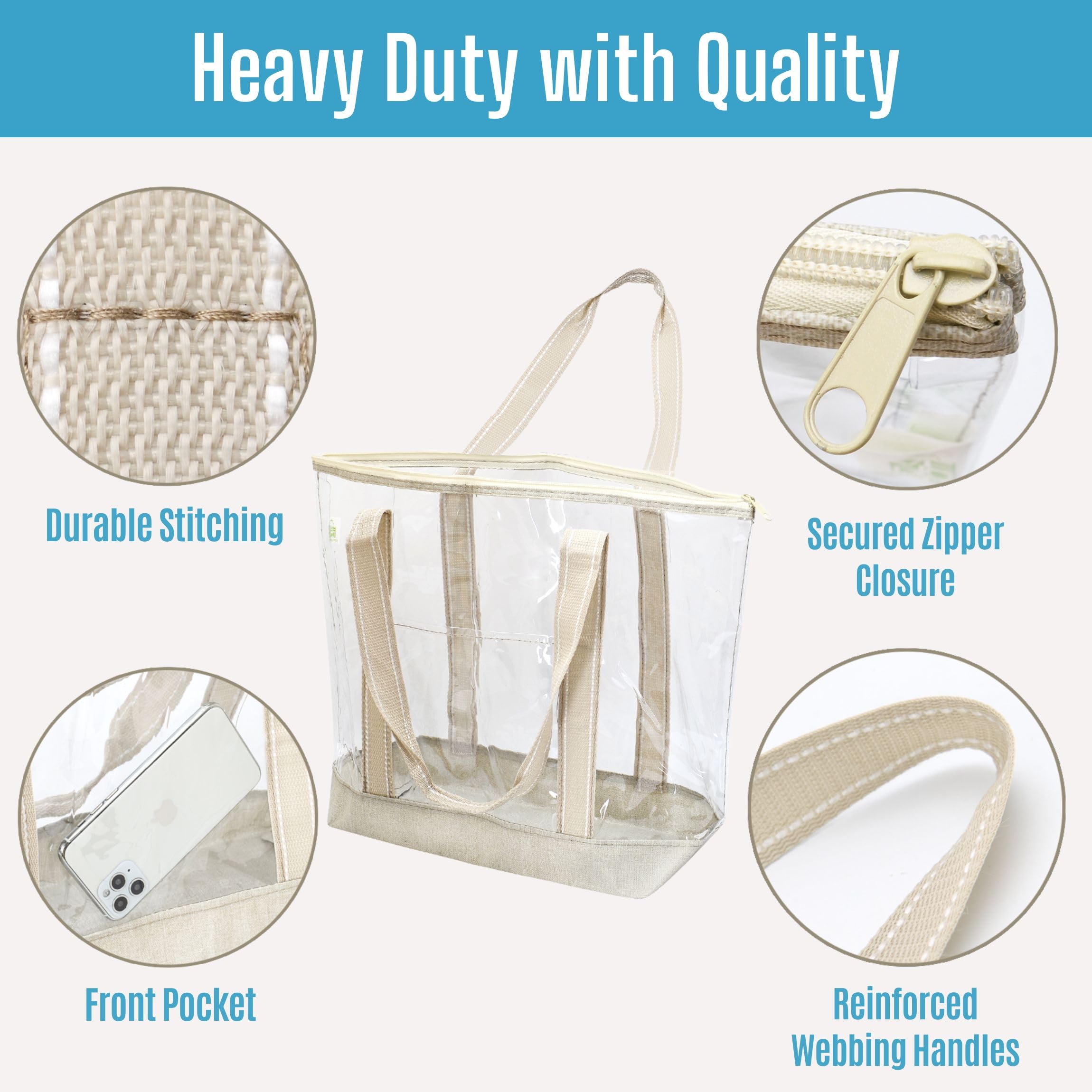 VENO 2 Pack Clear Beach Bag, Large Transparent Large Tote Bags for Women Swim Pool Gym Summer Vacation Essentials - Beige