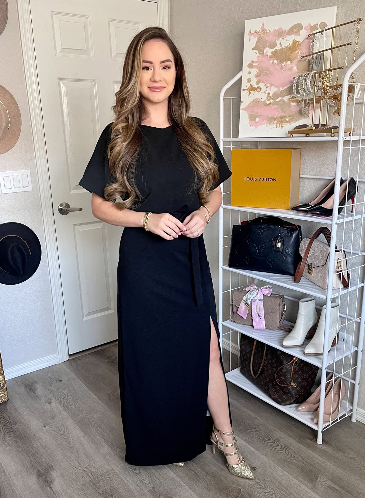 Happy Sailed Womens Batwing Sleeve Tie Waist Long Maxi Dress Side Split Formal Party Dresses Evening Gown Black Medium