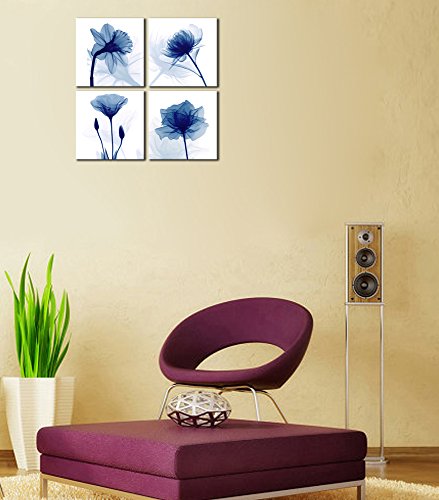 Pyradecor Blue Flickering Flower Modern Abstract Paintings Canvas Wall Art Gallery Wrapped Grace Floral Pictures on Canvas Prints 4 Panels Artwork for Living Room Bedroom Office Home Decorations