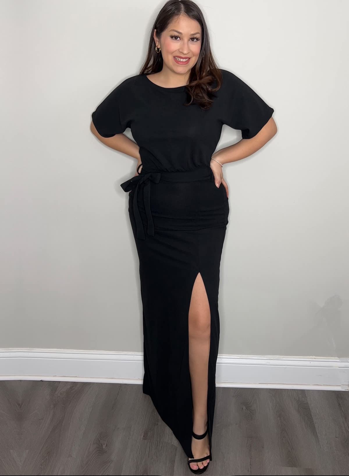 Happy Sailed Womens Batwing Sleeve Tie Waist Long Maxi Dress Side Split Formal Party Dresses Evening Gown Black Medium