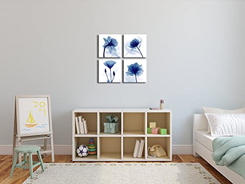 Pyradecor Blue Flickering Flower Modern Abstract Paintings Canvas Wall Art Gallery Wrapped Grace Floral Pictures on Canvas Prints 4 Panels Artwork for Living Room Bedroom Office Home Decorations