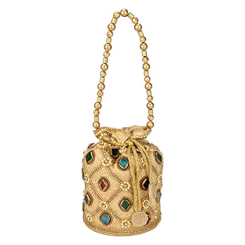 Indian Ethnic Clutch Silk Potli Batwa Pouch Bag with Beadwork Gift For Women (Golden)