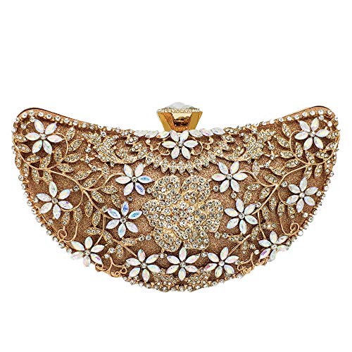Boutique De FGG Half Moon Women Flower Evening Bags Bridal Crystal Clutch Purse Party Dinner Rhinestone Handbags (Gold)