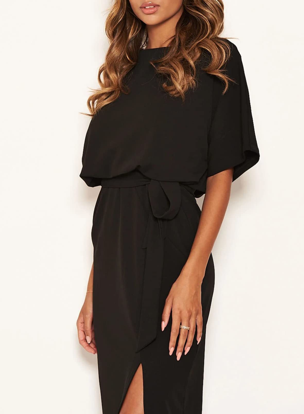 Happy Sailed Womens Batwing Sleeve Tie Waist Long Maxi Dress Side Split Formal Party Dresses Evening Gown Black Medium